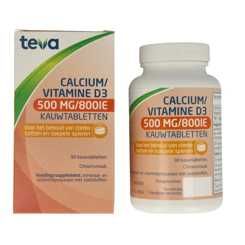 Calcium/vitamine D3 Teva Kauwtablet 500mg/800ie | 90st | Teva | eFarma ...